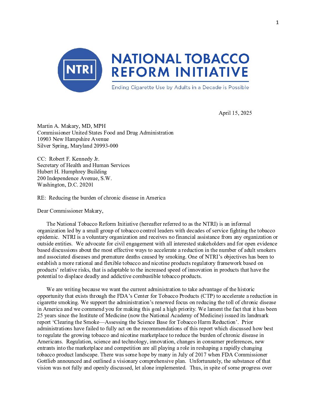 NTRI_Makary_letter_Final_4-15-2025 - Tobacco Reform Project